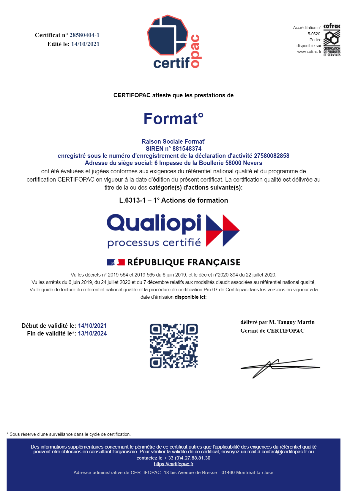 Certificat Qualiopi - FORMAT°